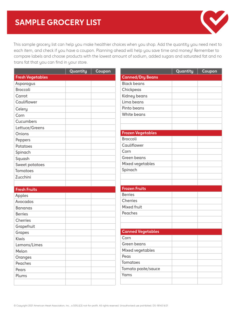 Sample Grocery List | PDF | Vegetables | Fruit
