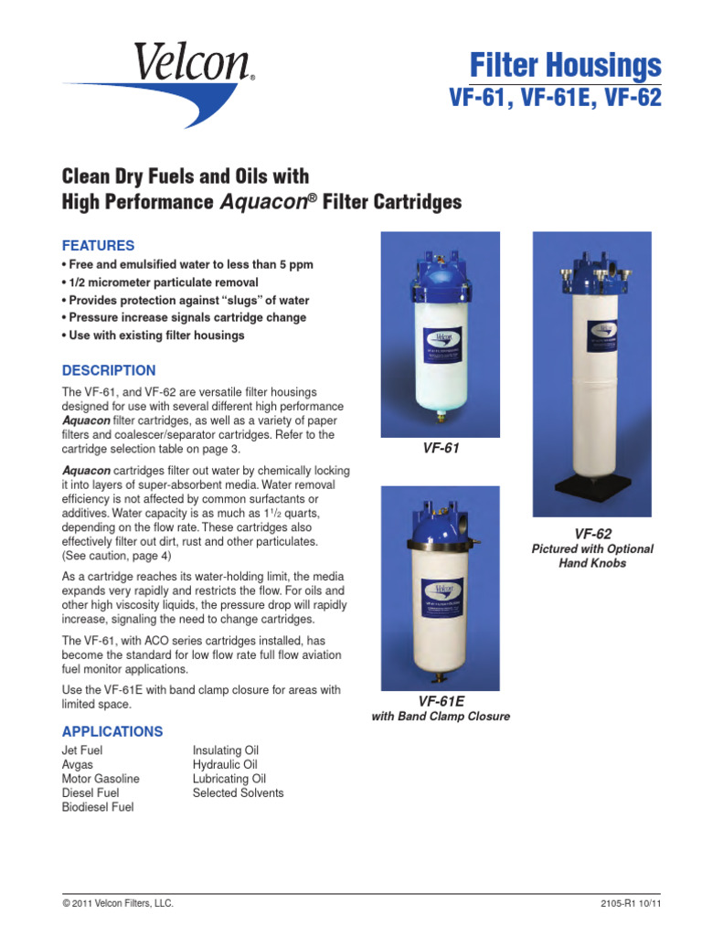 Velcon Aquacon VF Series Filter Housings | PDF | Diesel Fuel | Biodiesel
