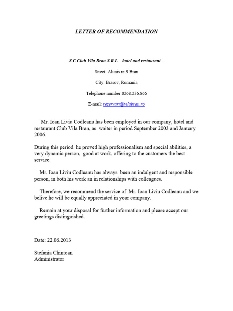 LETTER OF RECOMMANDATION - Stefania Chintoan | PDF