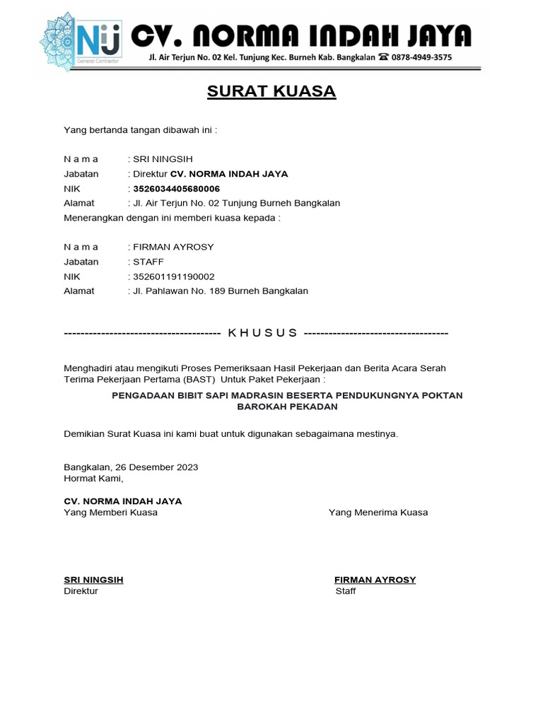 Surat Kuasa Klarifikasi Tender | PDF
