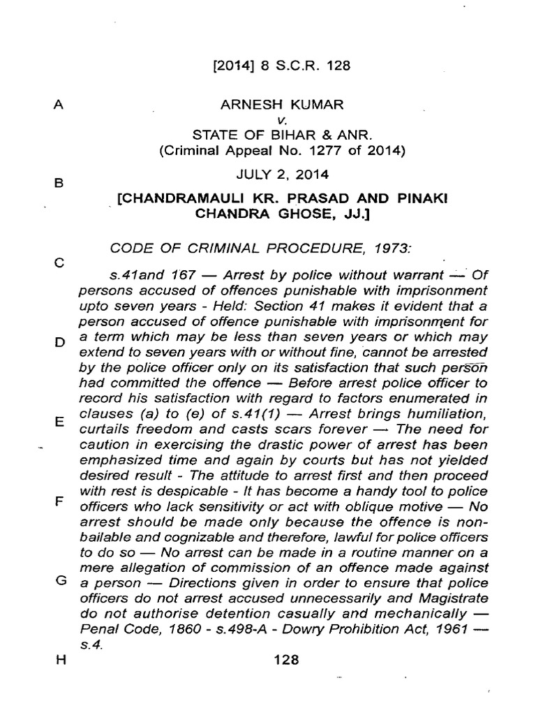 Arnesh Kumar vs State of Bihar Guidelines | PDF | Arrest | Bail