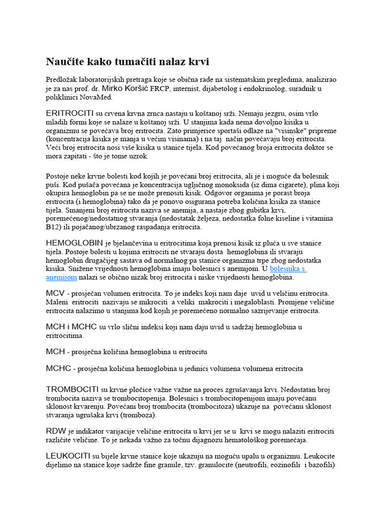 Naučite Kako Tumačiti Nalaz Krvi | PDF