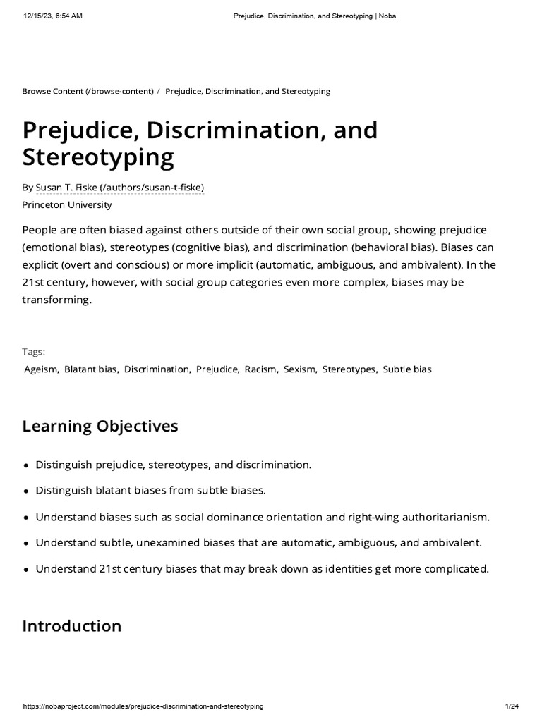 Prejudice, Discrimination, and Stereotyping - Noba | PDF | Stereotypes ...