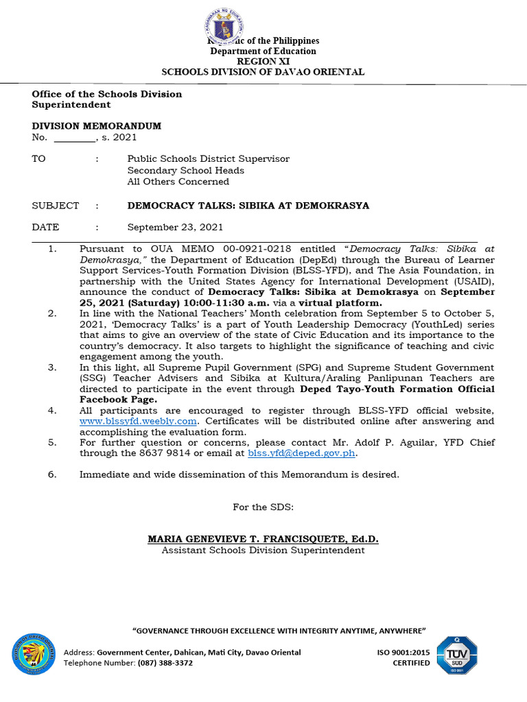 memo-DEMOCRACY TALKS-SIBIKA AT DEMOKRASYA | PDF | Human Communication