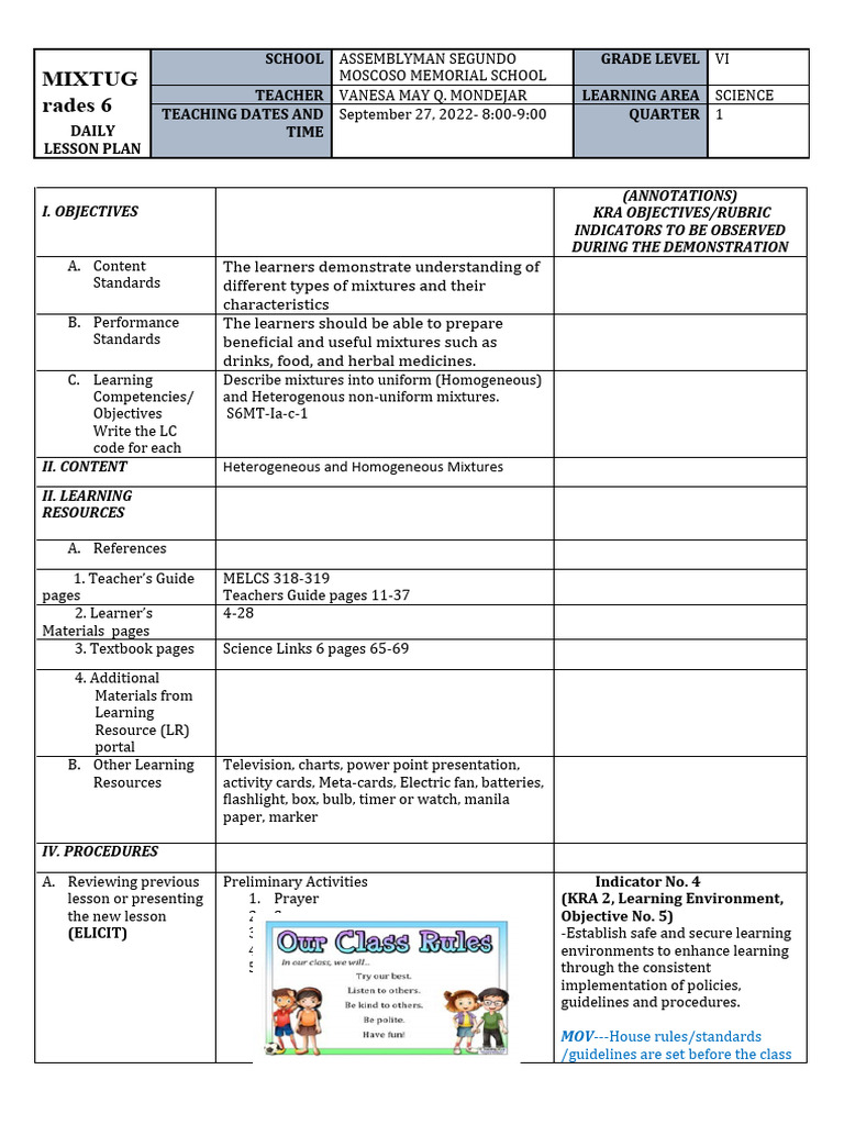 COT DLP Science 6 Mixtures Cot 1 | PDF