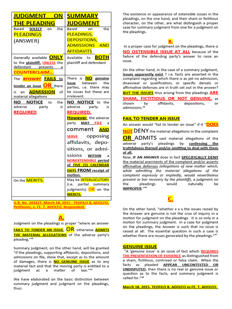 JUDGMENT ON THE PLEADING vs. SUMMARY JUDGMENT | PDF | Summary Judgment | Pleading