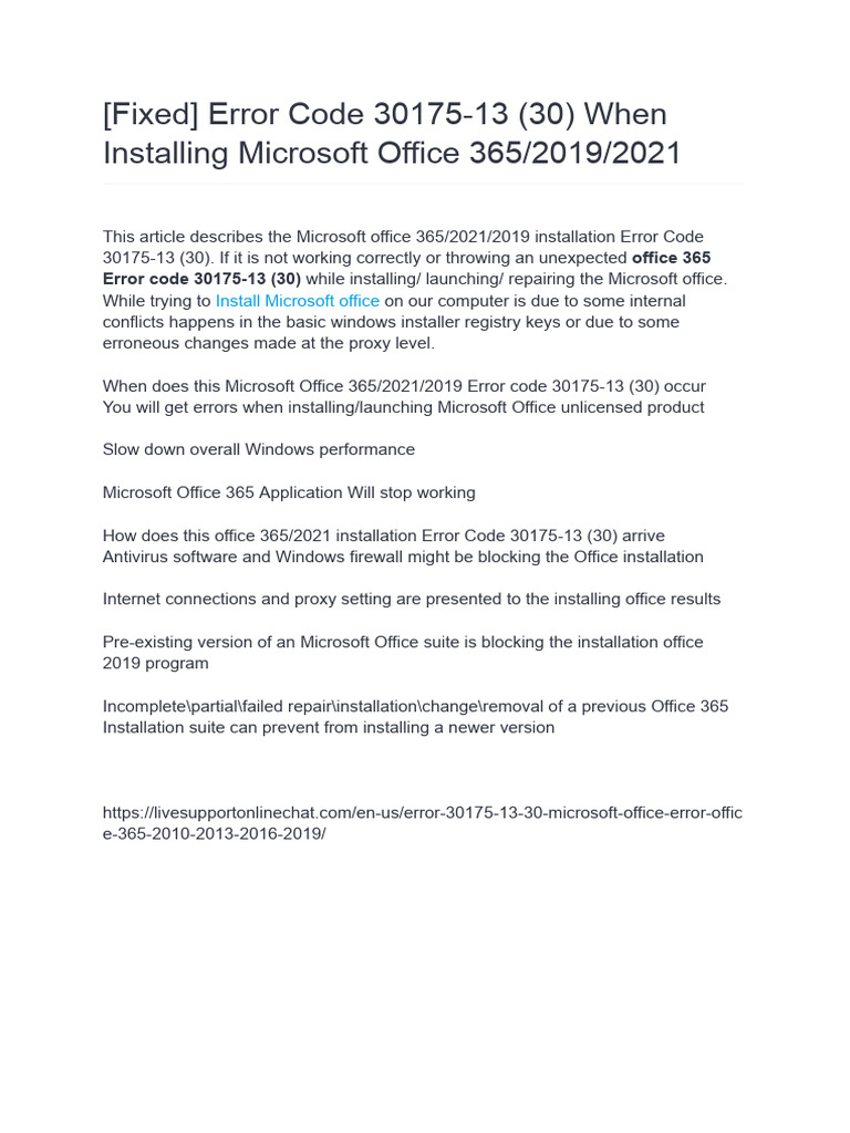 (Fixed) Error Code 30175-13 (30) When Installing Microsoft Office 365/2019/2021 | PDF