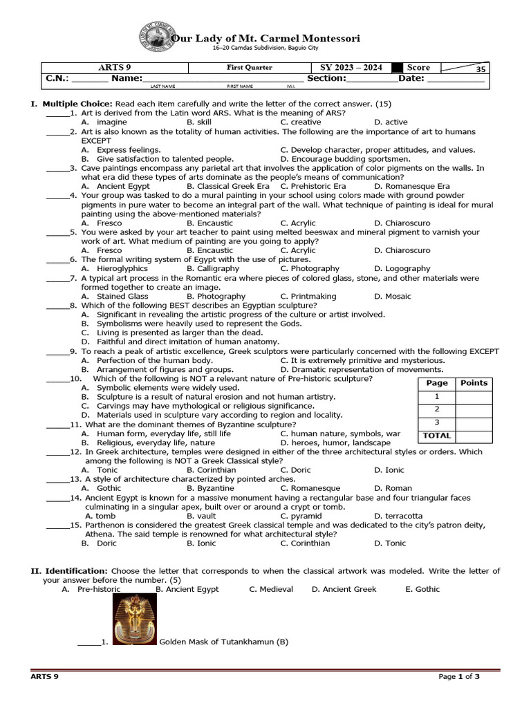 ARTS 9 First Quarter Exam 2324 | PDF | Sculpture | Paintings