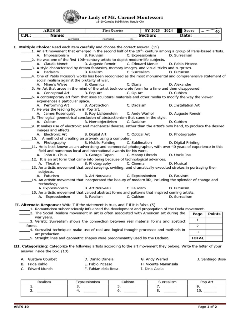 ARTS 10 First Quarter Exam 2324 | PDF | Abstract Art | Surrealism