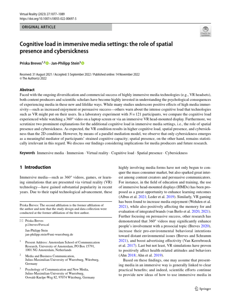 Cognitive Load in Immersive Media Settings The Role of Spatial Presence and Cybersickness | PDF ...