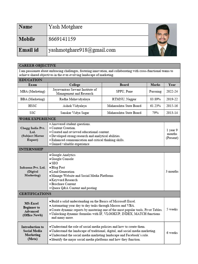 Yash Motghare Resume | Download Free PDF | Social Media | Popular ...