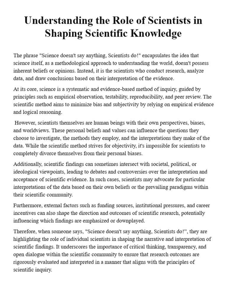 Understanding The Role of Scientists in Shaping Scientific Knowledge | PDF