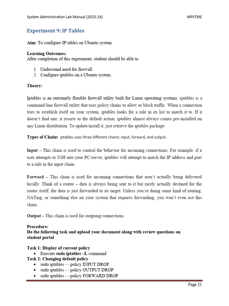 Experiment 9 IPTables | PDF | Teaching Methods & Materials | Technology & Engineering