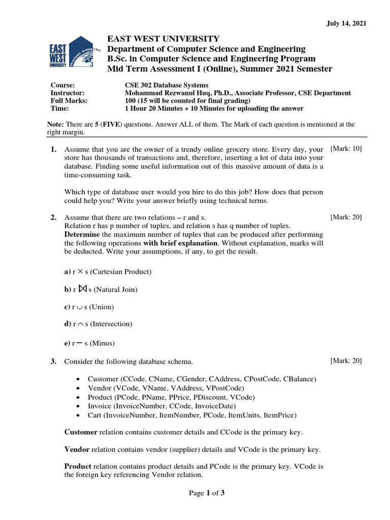 CSE 302 Database Systems Midterm Exam | PDF | Information Retrieval ...