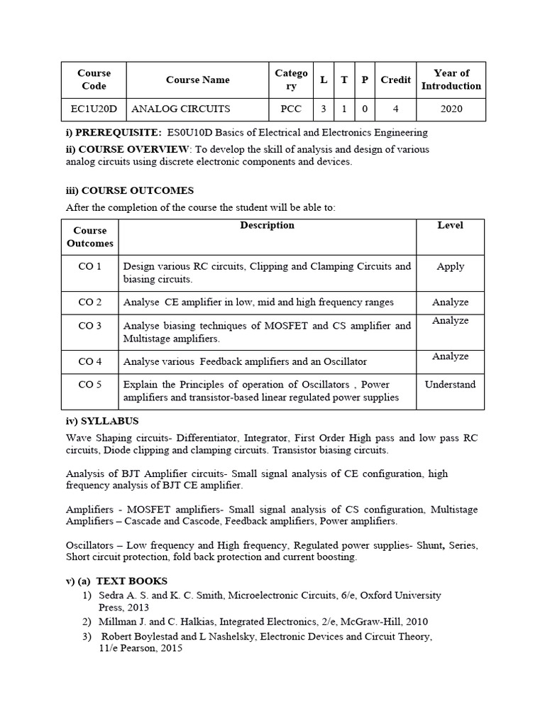 Analog Circuits Course Syllabus | PDF