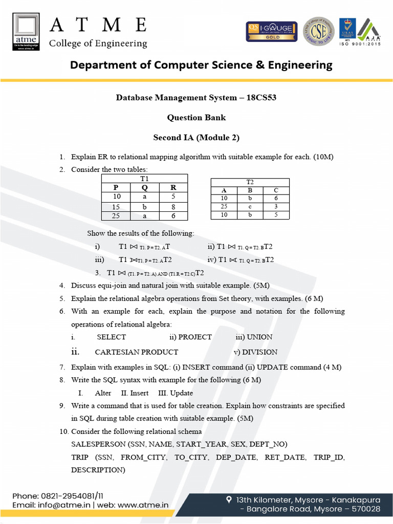 Question Bank 2 | PDF | Relational Model | Sql Question Bank 2 | PDF | Relational Model | Sql
