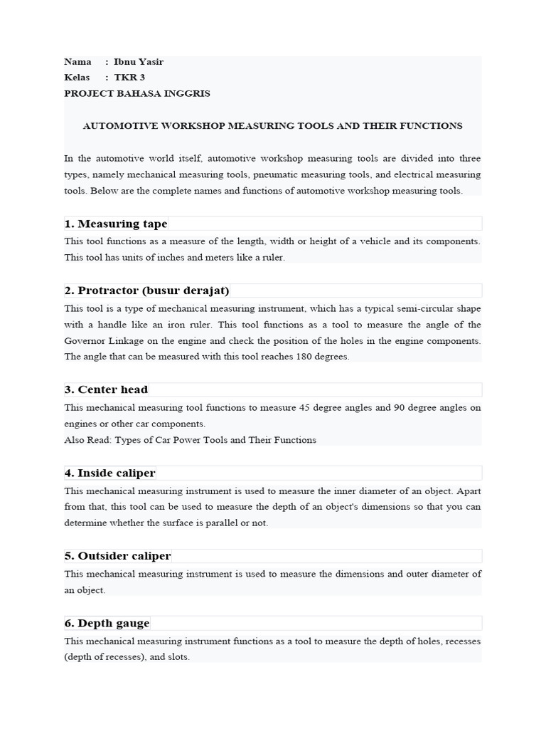 Automotive Workshop Measuring Tools and Their Functions | PDF ...