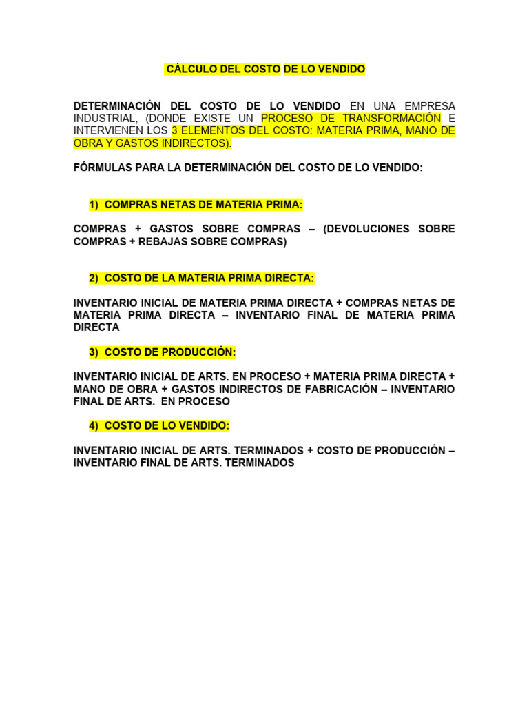 Cálculo Costo de Lo Vendido | PDF | Finanzas y dinero