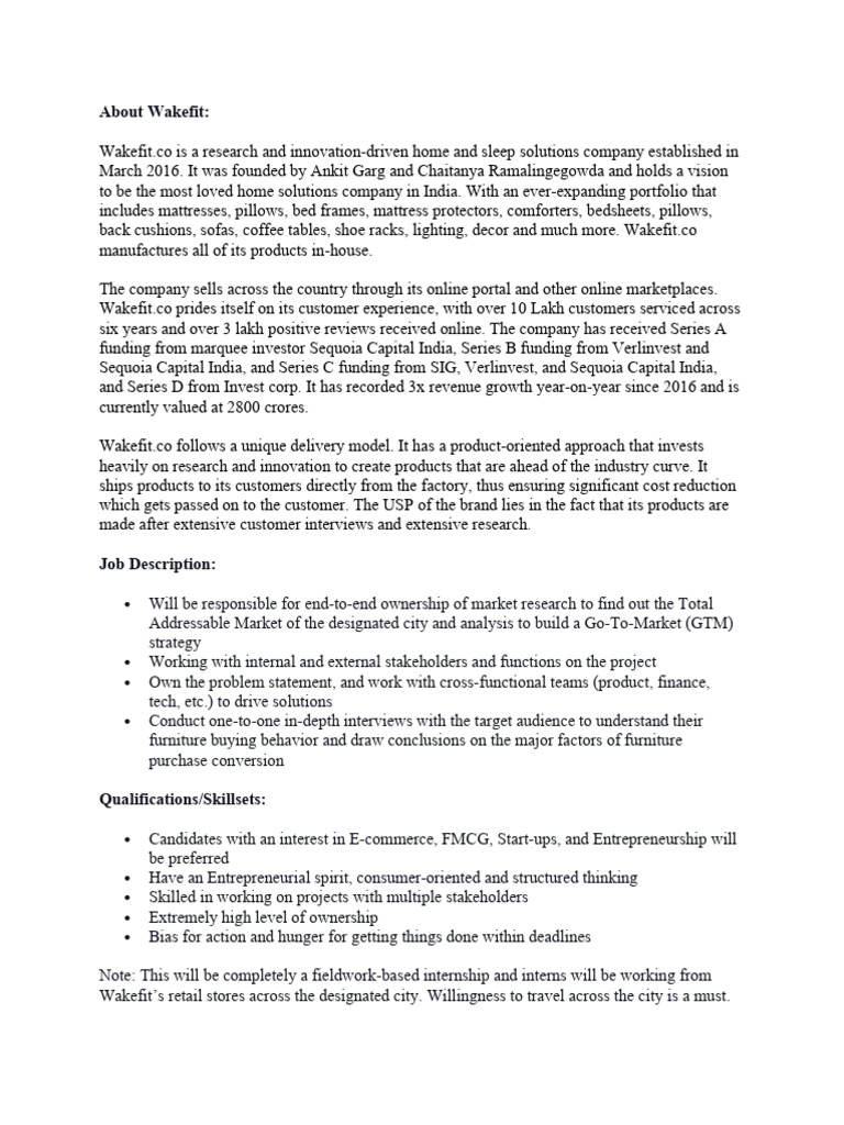 Market Research Intern JD Wakefit | PDF | Business | Finance & Money ...