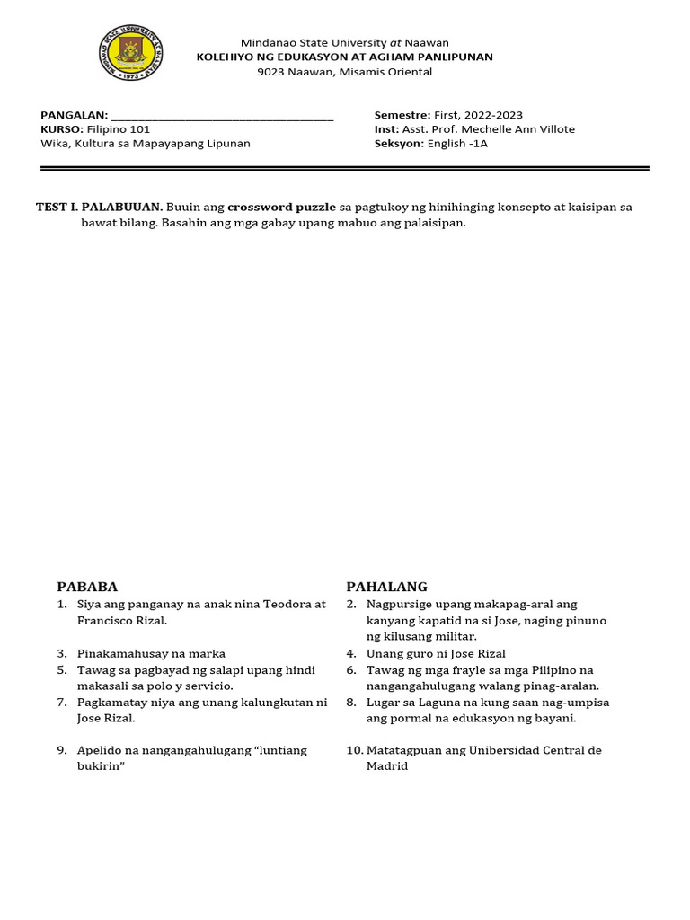 Long Quiz Fil101 | PDF