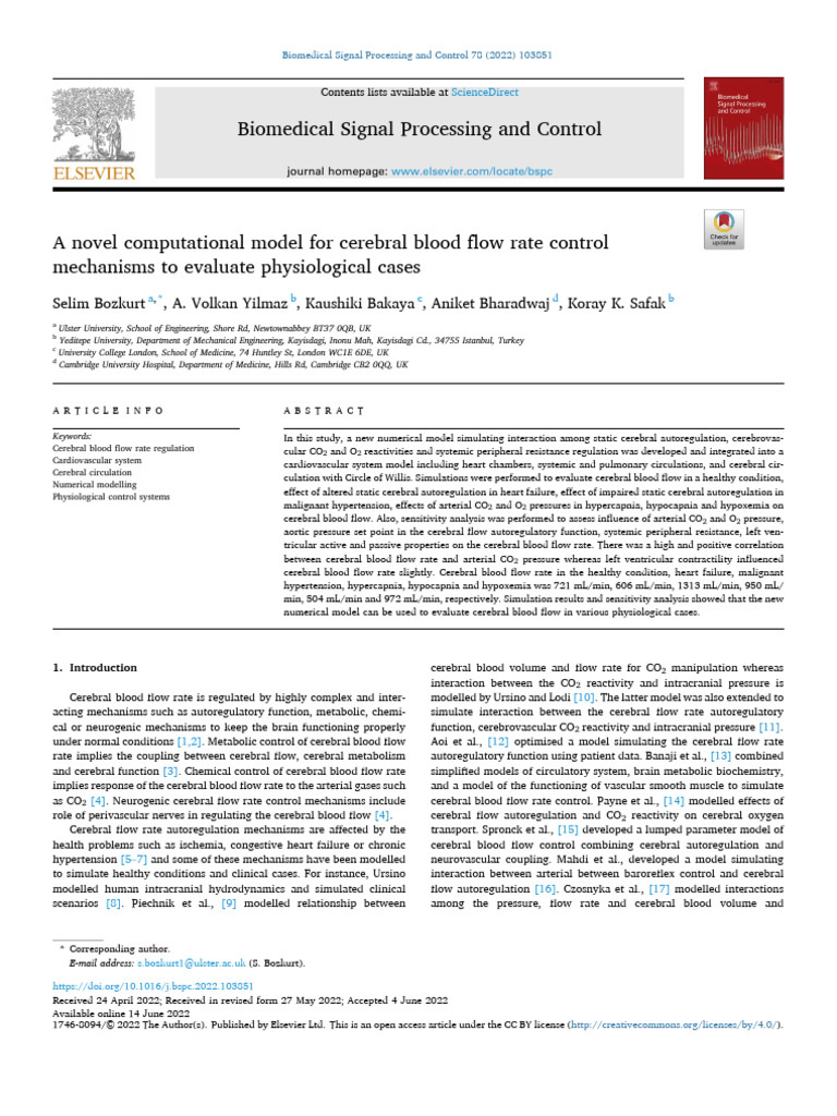 A Novel Computational Model For Cerebral Blood Flow Rate Control | Download Free PDF | Heart ...