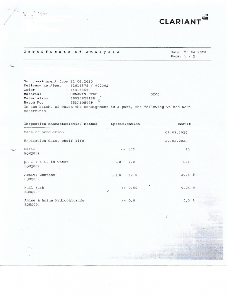 Genamin Ctac Idaa105429 Coa c1 | PDF