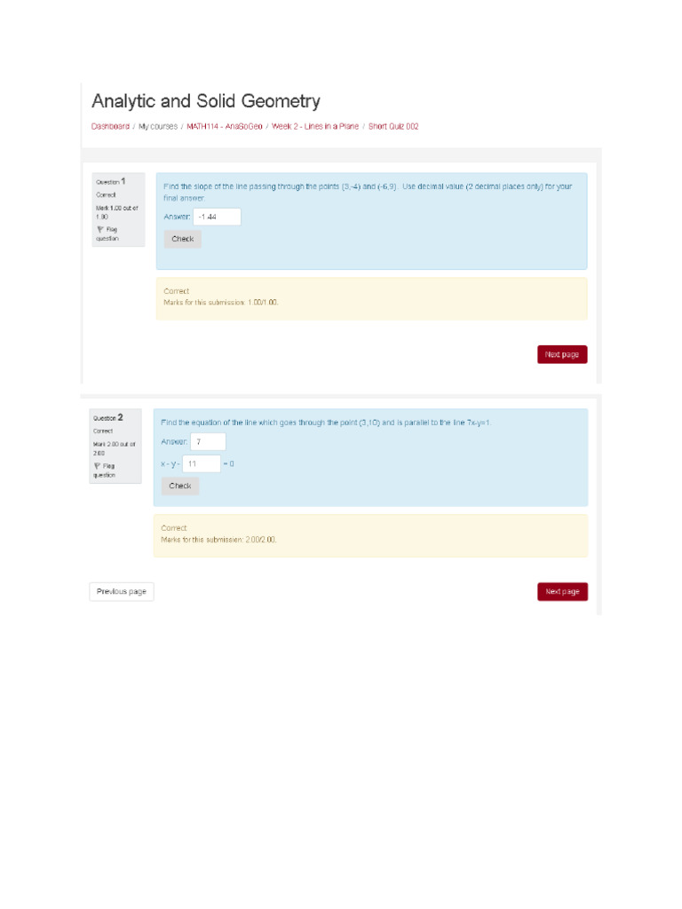 Analytic and Solid Geometry - Short Quiz 002 | PDF