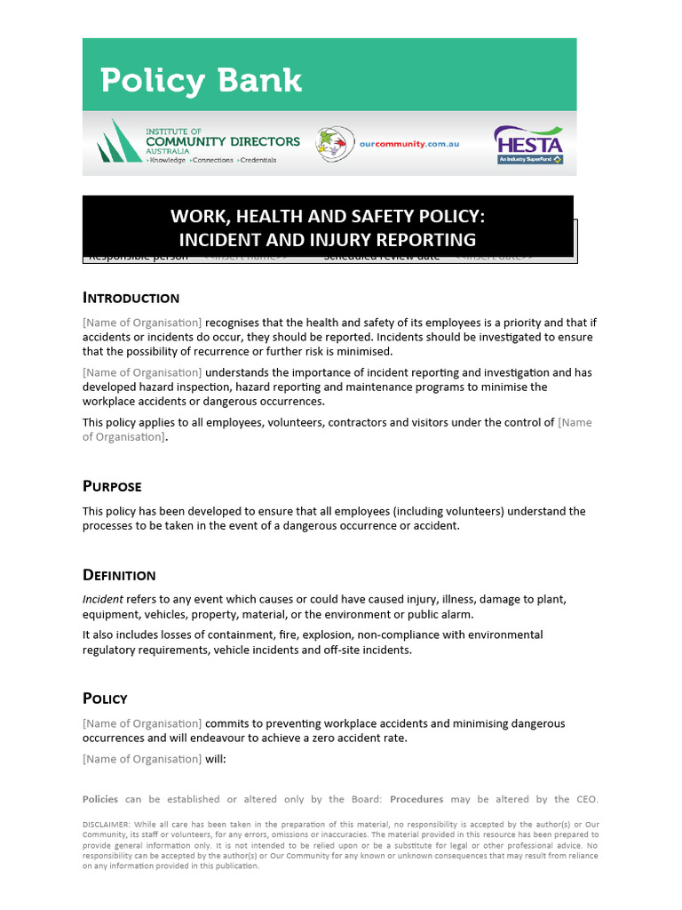 Injury and Incident Reporting Policy | PDF