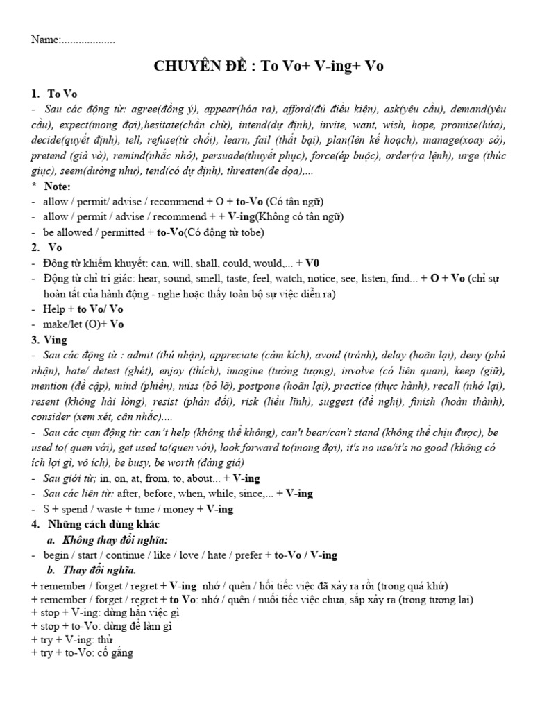 CHUYÊN ĐỀ 11 - To Vo+ V-ing+ Vo | PDF