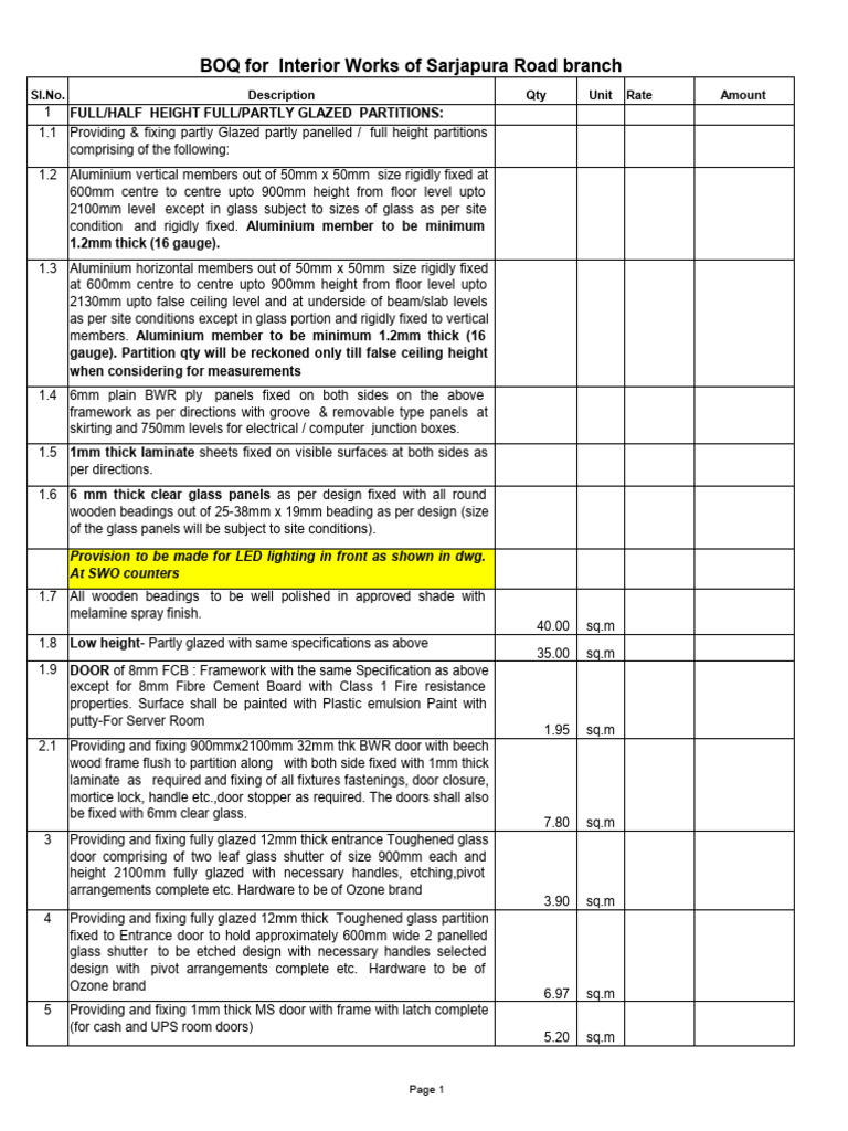 Tender Schedule For Interior Works | PDF
