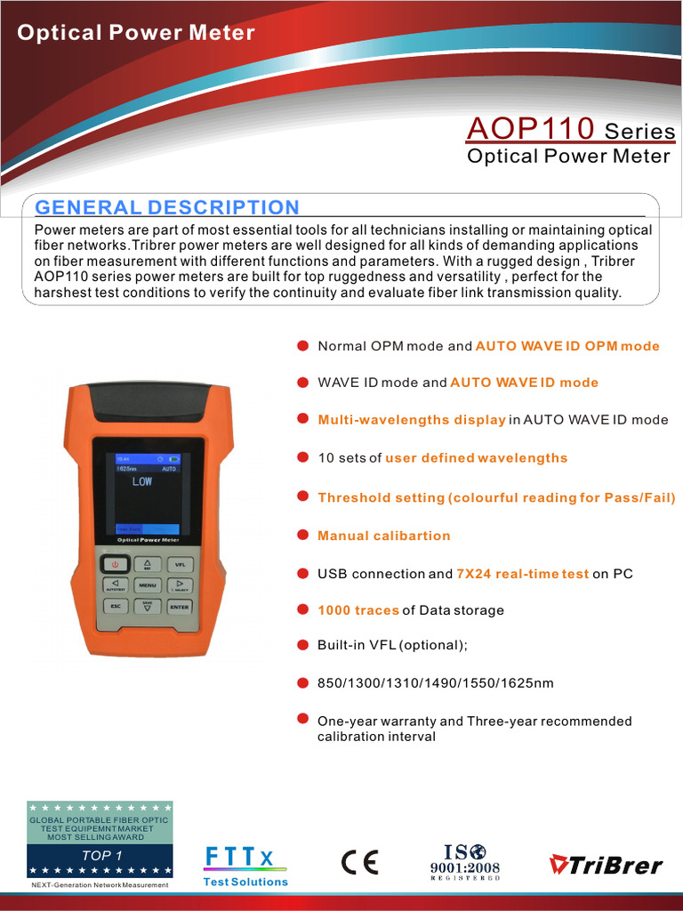 AOP110 Optical Power Meter | PDF | Optical Fiber | Calibration