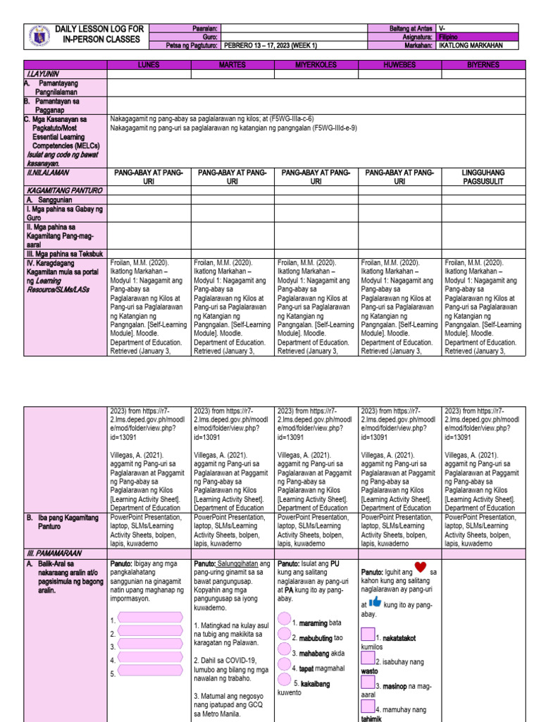 G5 Q3W1 DLL FILIPINO MELCs | PDF