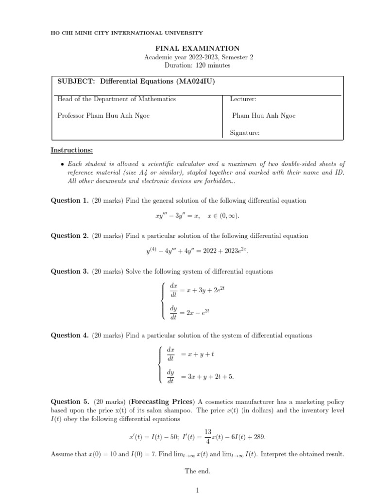Calculus & Differential Equations Final Exam | PDF | Ordinary ...