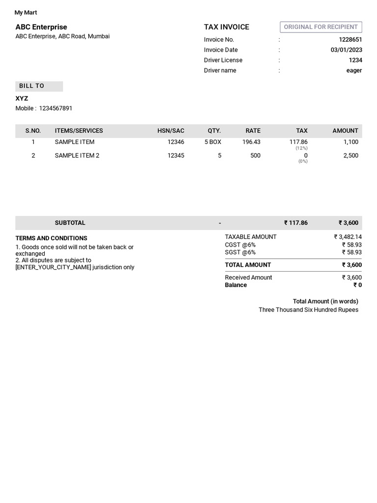 Bill Book Format | PDF