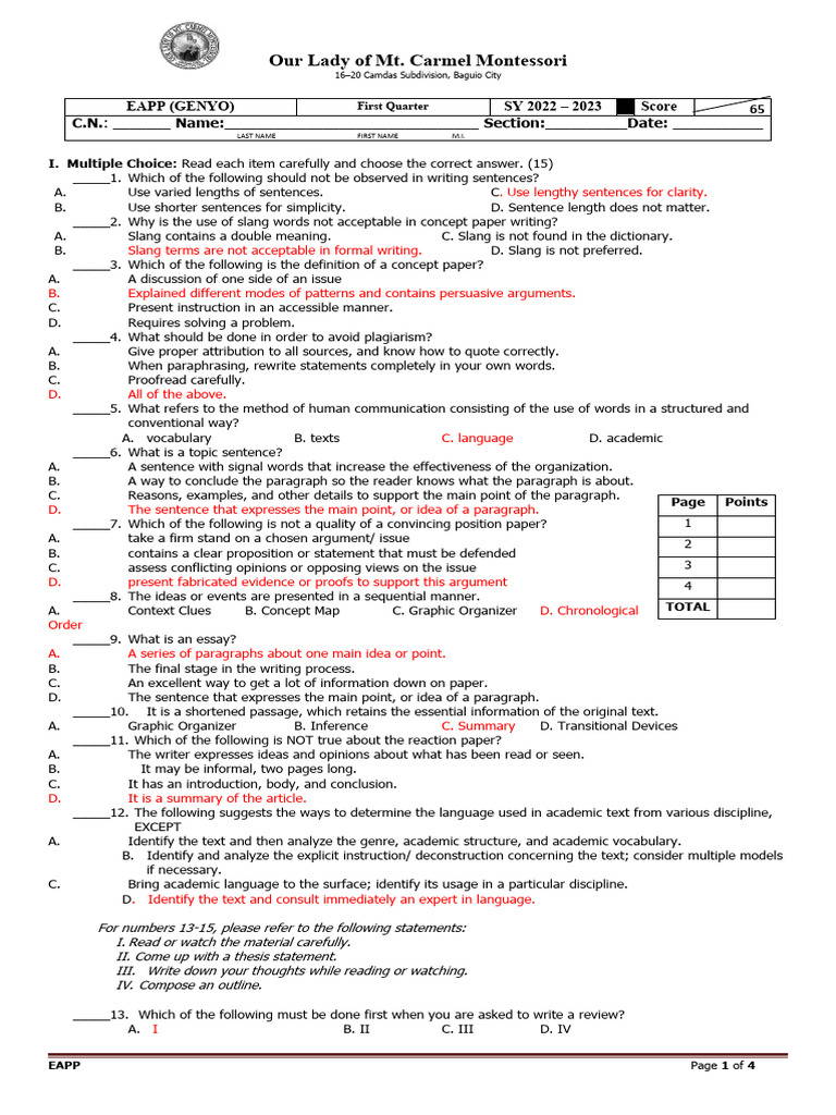 EAPP Grade 11 First Quarter Exam | PDF | Career & Growth