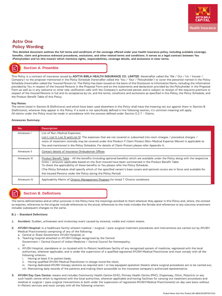 Activ One Policy Wording | PDF | Cancer | Medicine