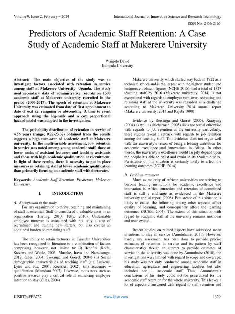 Predictors of Academic Staff Retention: A Case Study of Academic Staff at Makerere University ...
