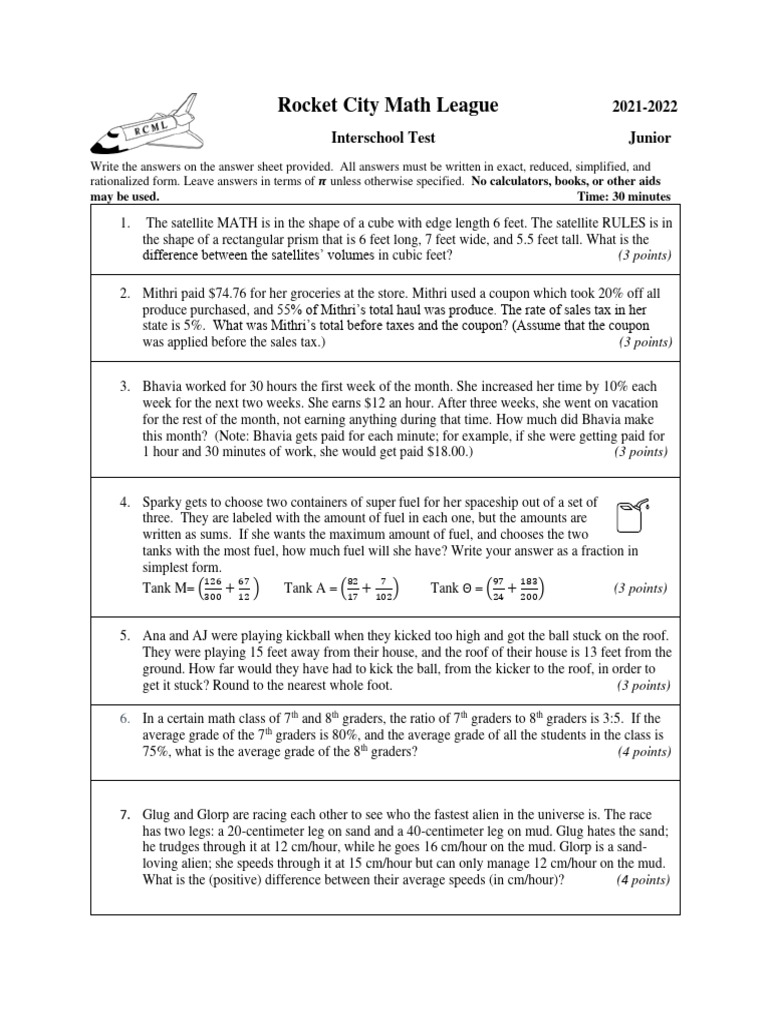 Junior Interschool Math Test | PDF