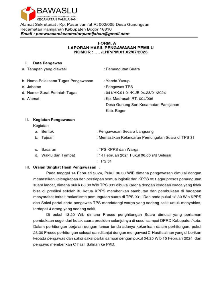 Pengawasan Pemungutan Dan Perhitungan Suara Tps 31 | PDF