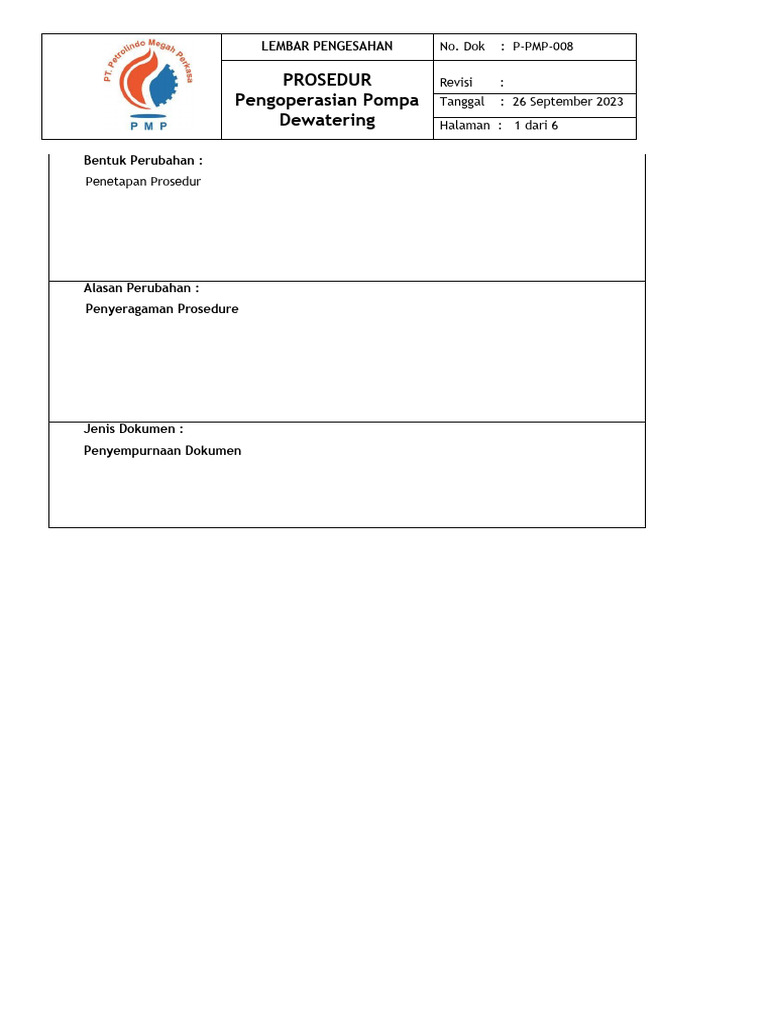 SOP Pengoperasian Pompa Dewatering PMP - 1 | PDF