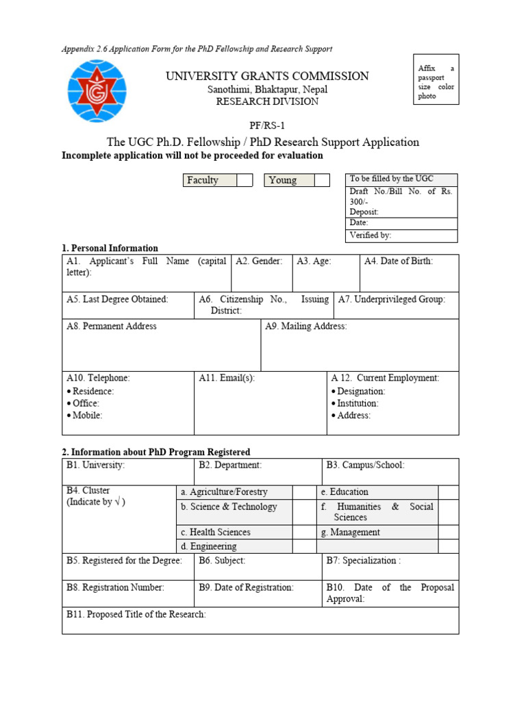 UGC PhD Fellowship Application Form | PDF