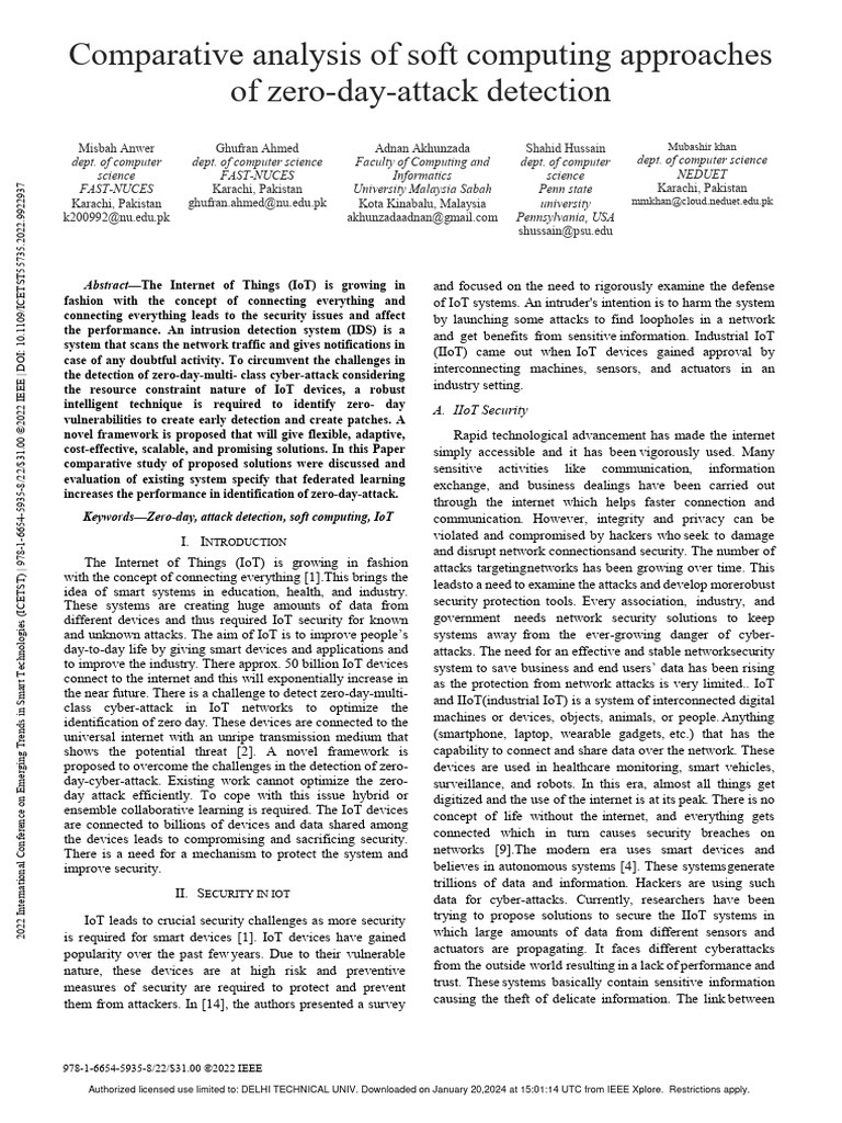 Comparative Analysis Of Soft Computing Approaches Of Zero Day Attack Detection Pdf Internet