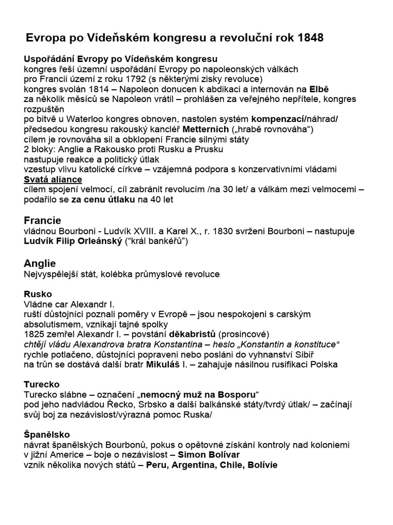 Evropa Po Videnskem Kongresu A Revolucni Rok 1848 - Prima | PDF