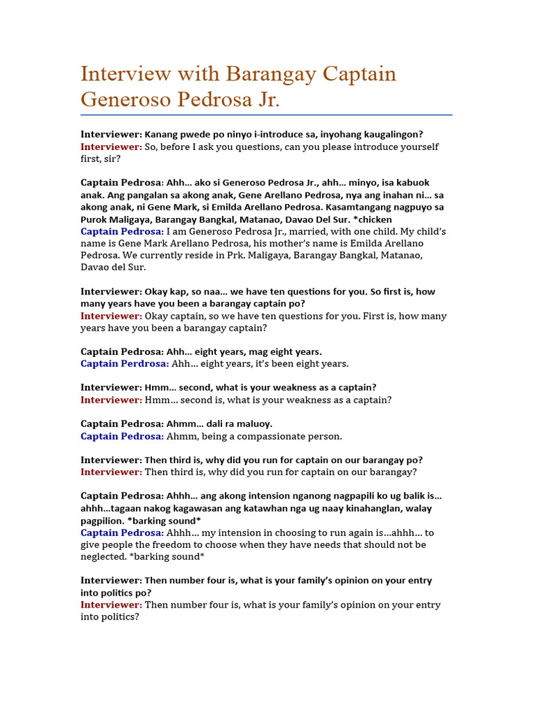 Interview With Barangay Captain Generoso Pedrosa JR | PDF