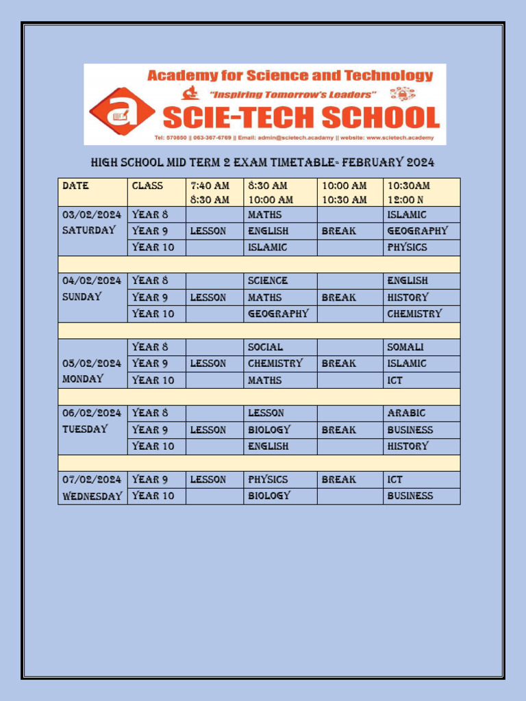 Mid Term 2 Exam Timetable - 2024 | PDF