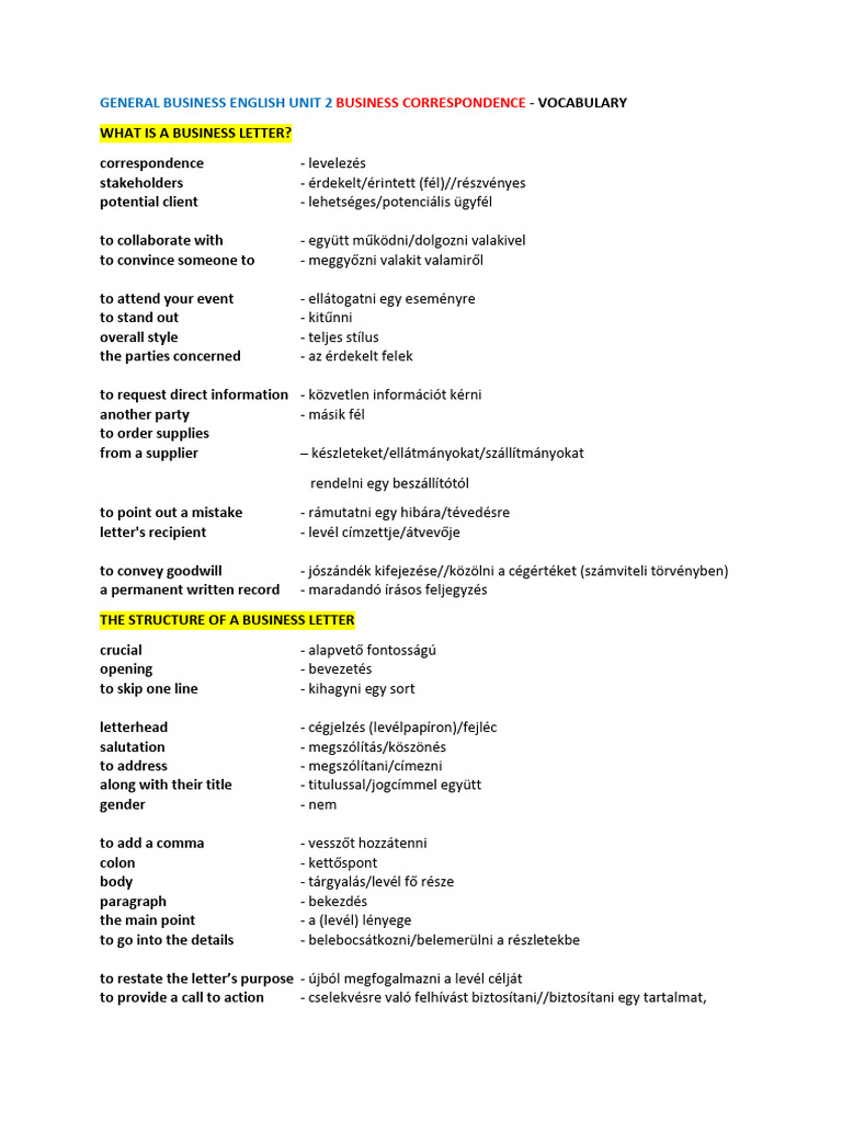 GBE UNIT 2 PDF Vocabulary List Másolata | PDF