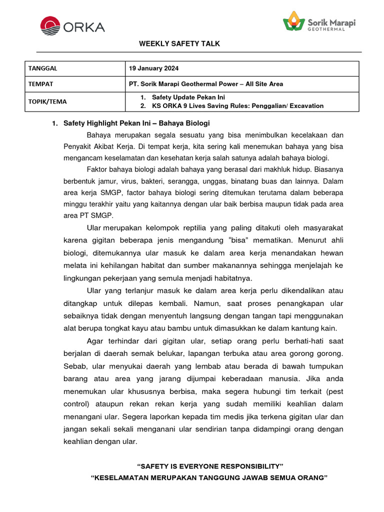 19 01 2024 - Weekly Safety Talk | PDF