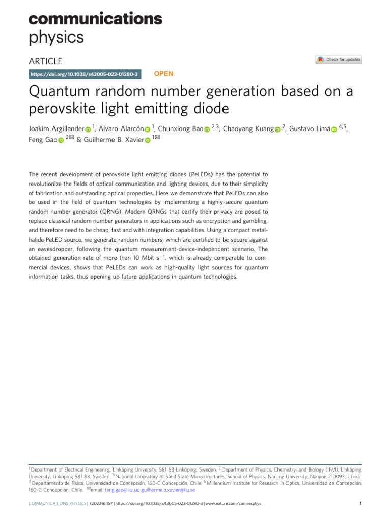 Quantum Random Number Generation Based On A Perovskite Light Emitting Diode | PDF | Photonics ...