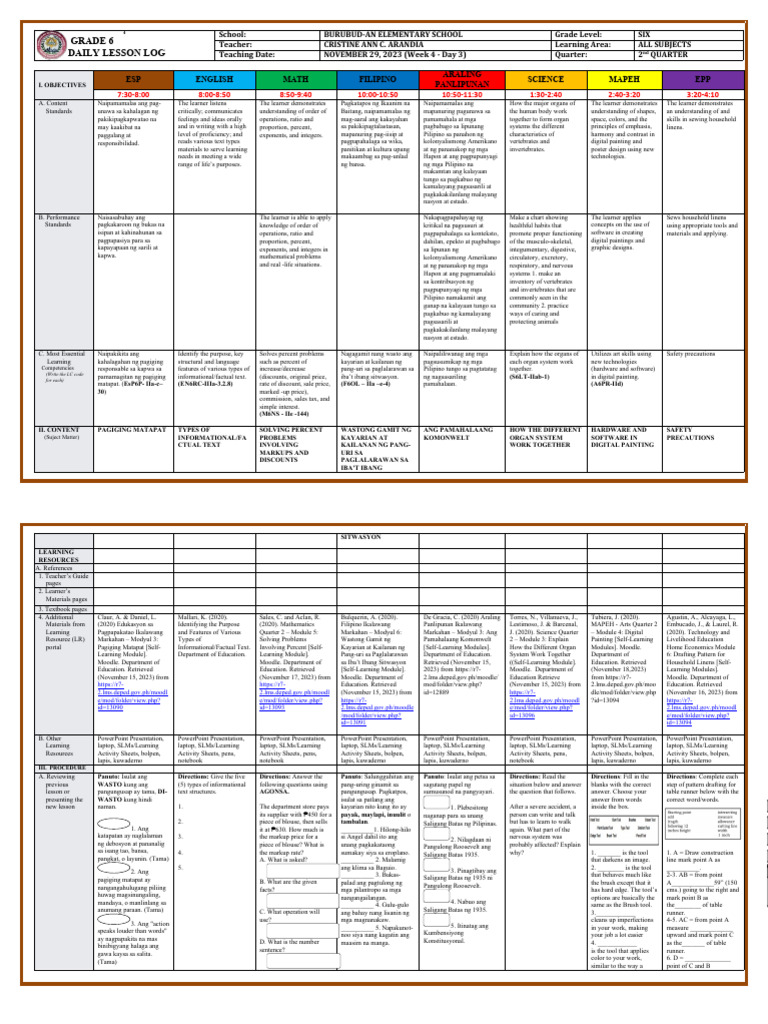 Grade 6 DLP Q2 W4D3 | PDF | Learning