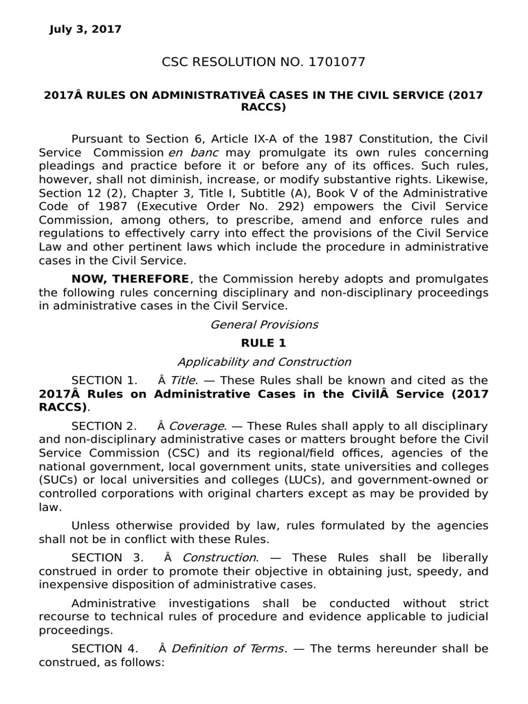 2017 Rules On Administrative Cases in The Civil Service (2017 RACCS) | PDF